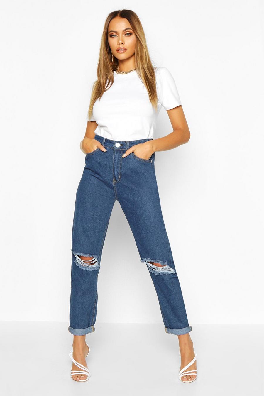 Basics Mid Rise Distressed Mom Jeans | boohoo Basics Mid Rise Distressed Mom Jeans | boohoo